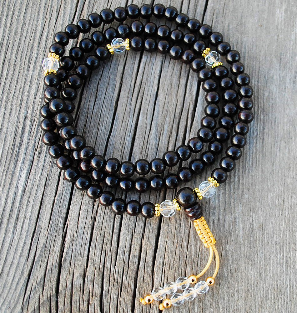 Rosewood, Quartz & Gold Mala